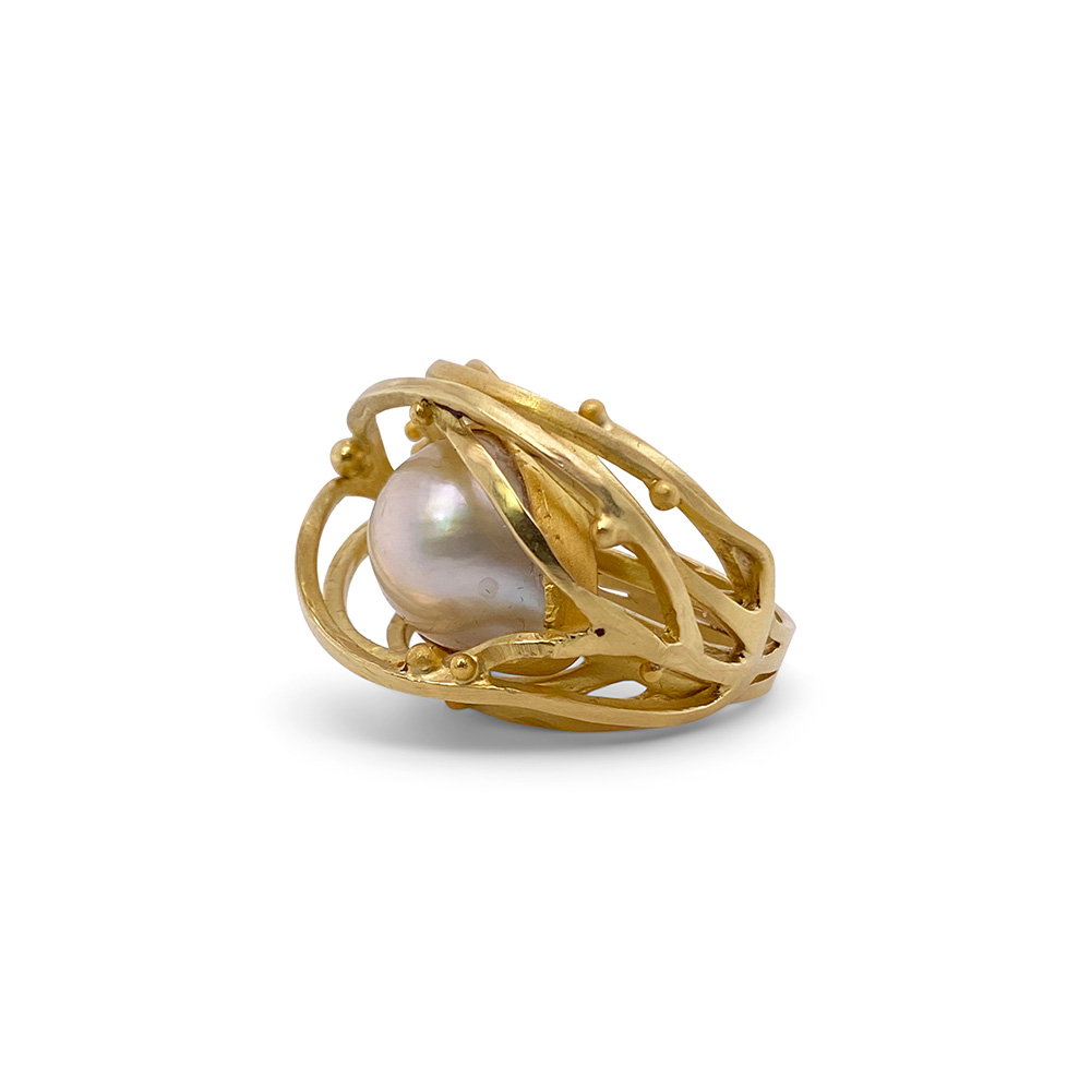 Caged pearl cocktail ring, 18k & 22k - J. McVeigh Jewelry