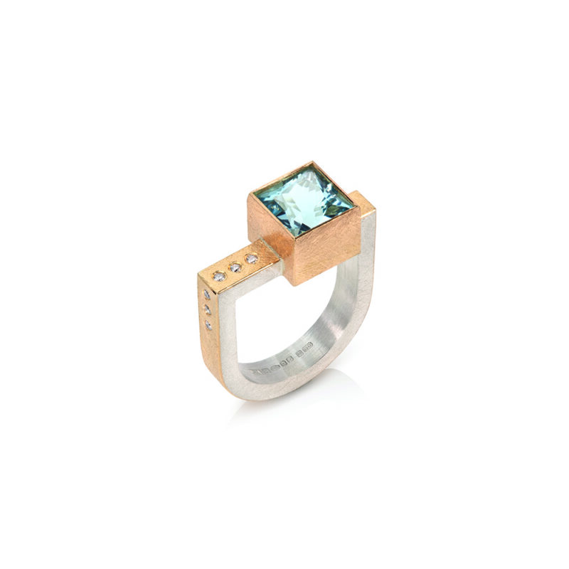 Square aquamarine U-shaped ring with diamonds - J. McVeigh Jewelry