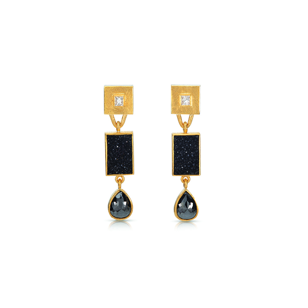 Diamond, drusy and black diamond drop earrings - J. McVeigh Jewelry